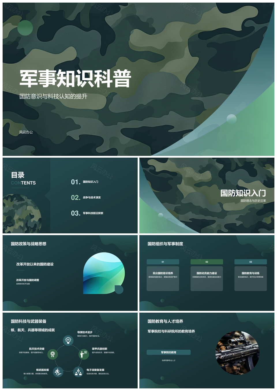迷彩纹理军服绿色军事知识科普PPT模板下载-风云办公